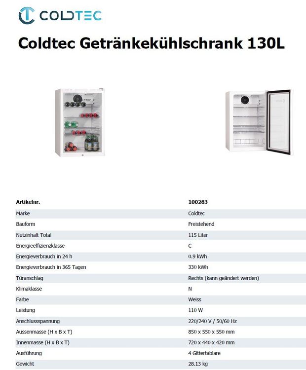 Coldtec Getränkekühlschrank 130 Liter - 100283 (Neu (gemäss ...