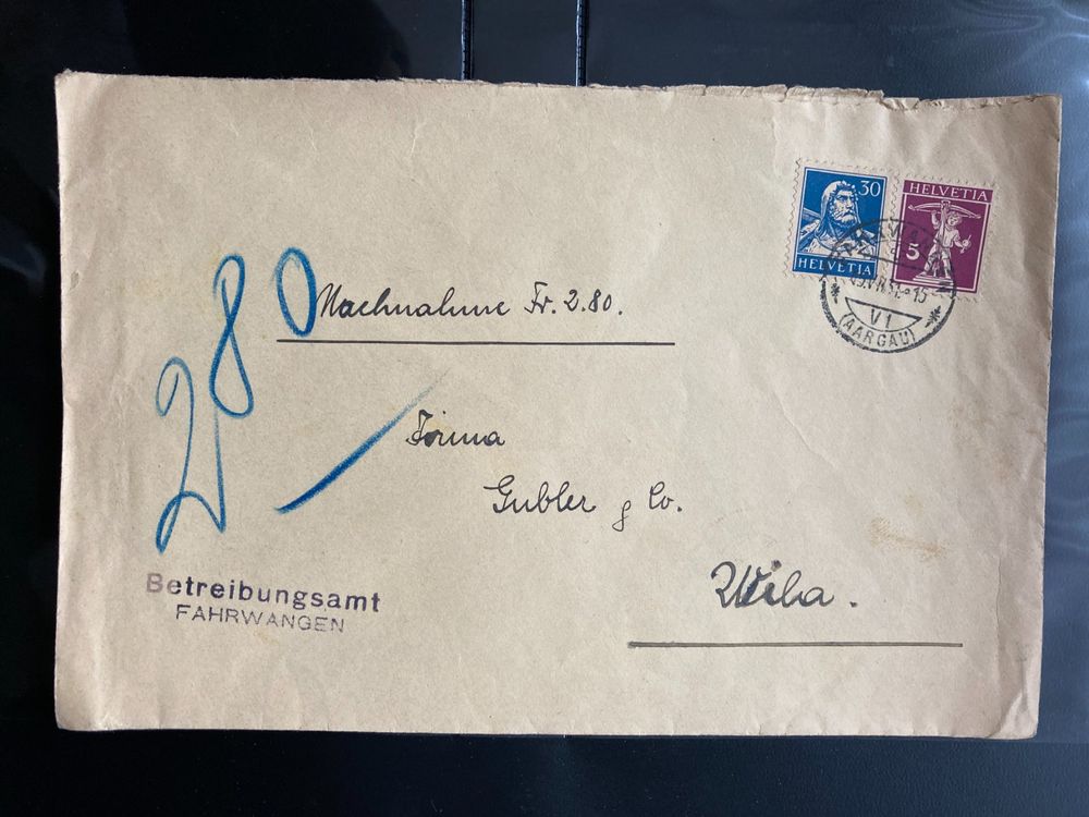 Schweiz 1931 NN-Brief B.amt Fahrwangen MiF Tellkopf/-sohn (Gebraucht) in Liestal für CHF 2.5 ...