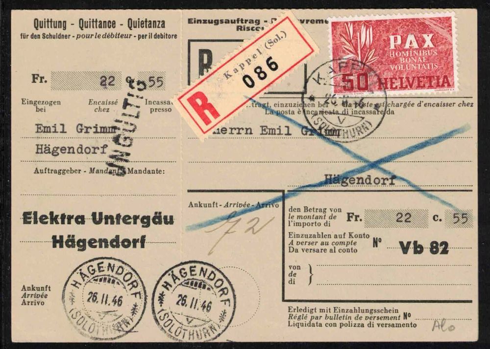 1945 PAX Karte mit 0.50Fr.-Frankatur auf Einzugsauftrag (Neu (gemäss Beschreibung)) in Nuglar ...