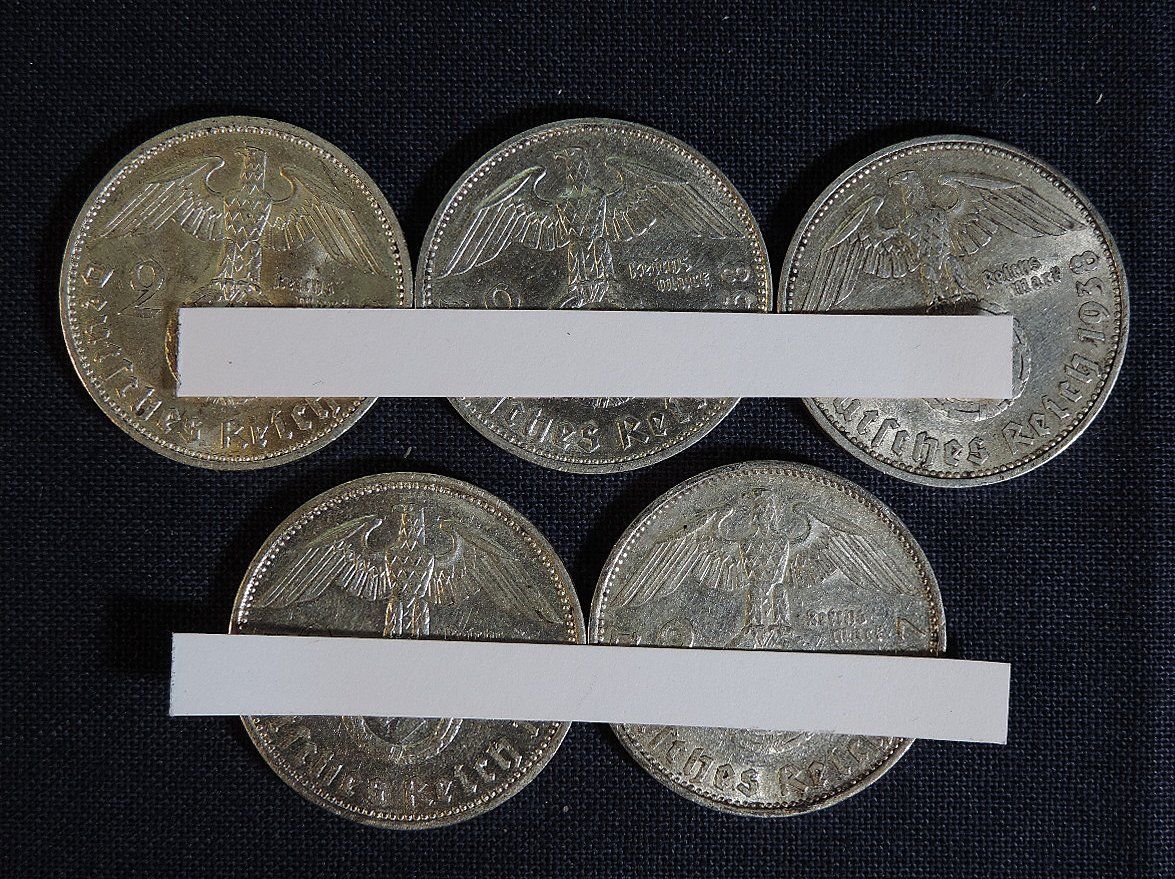 Deutsches Reich 5 x 2 Reichsmark Silbermünzen 1937/38/39 (Gebraucht) in ...