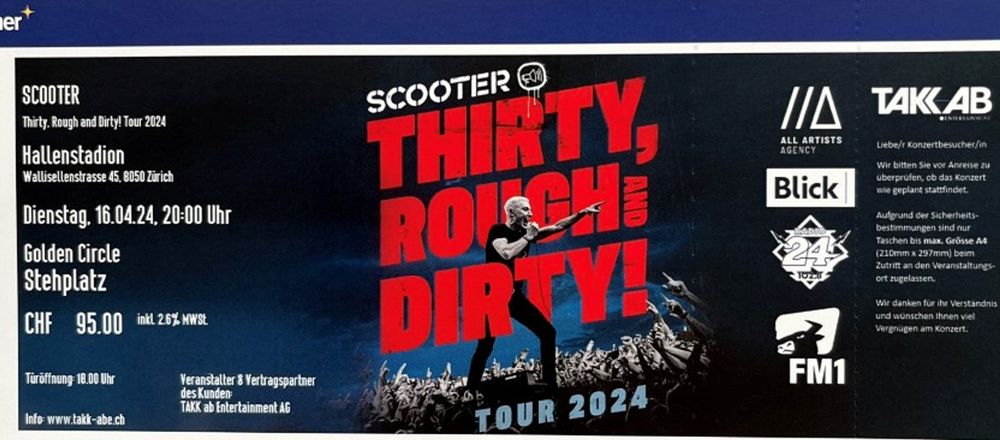 Scooter Konzert-Ticket Golden Circle Hallenstadion 16.04.24 (Neuf (Voir ...