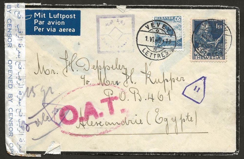 Flugpost Schweiz 1945 OAT Vevey Zensur Ägypten Luftpost (Gebraucht) in Au ZH für CHF 16 – mit ...