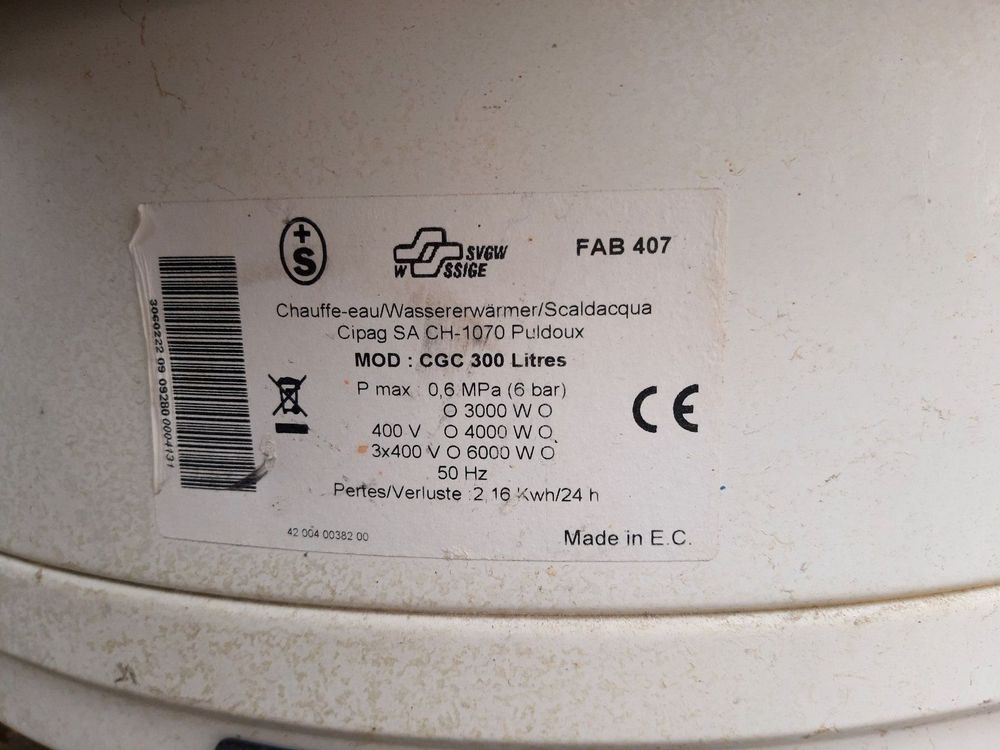 Boiler Elektroboiler 300 Liter cipag (Gebraucht) in Volketswil für CHF 1 – nur Abholung auf ...