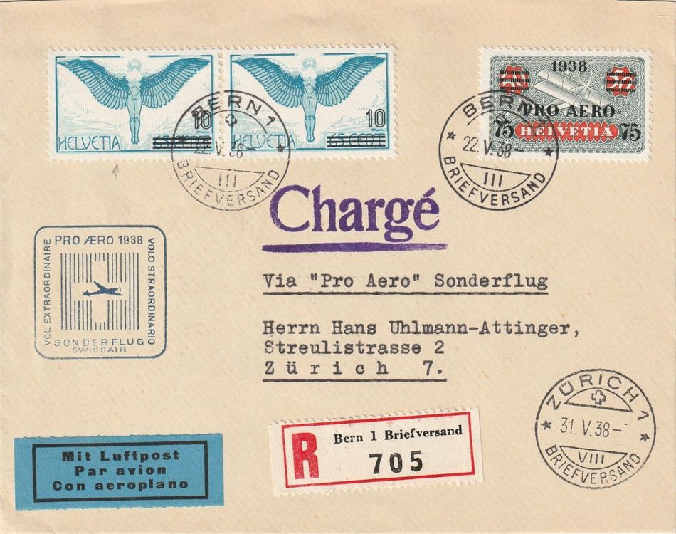 Pro Aero 1938, Etappe Bern-Zürich, portogerechter R-Brief (Gebraucht) in Turgi für CHF 5 – mit ...