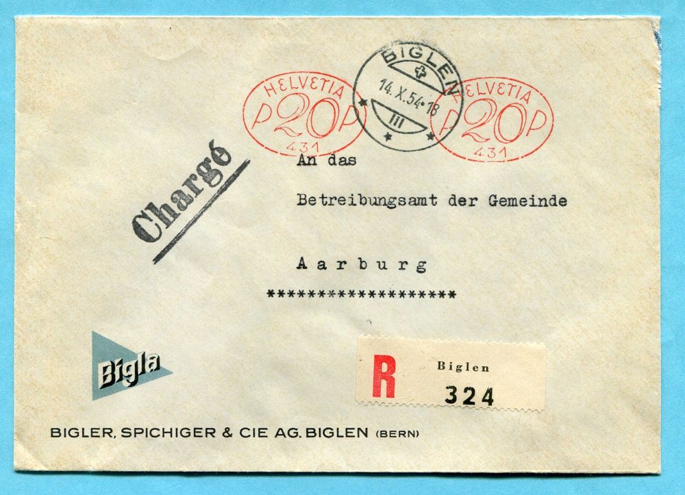R - Brief Biglen 1954 mit 2 Freistempel - Absender: Bigla (Gebraucht) in Opfikon für CHF 7 – mit ...