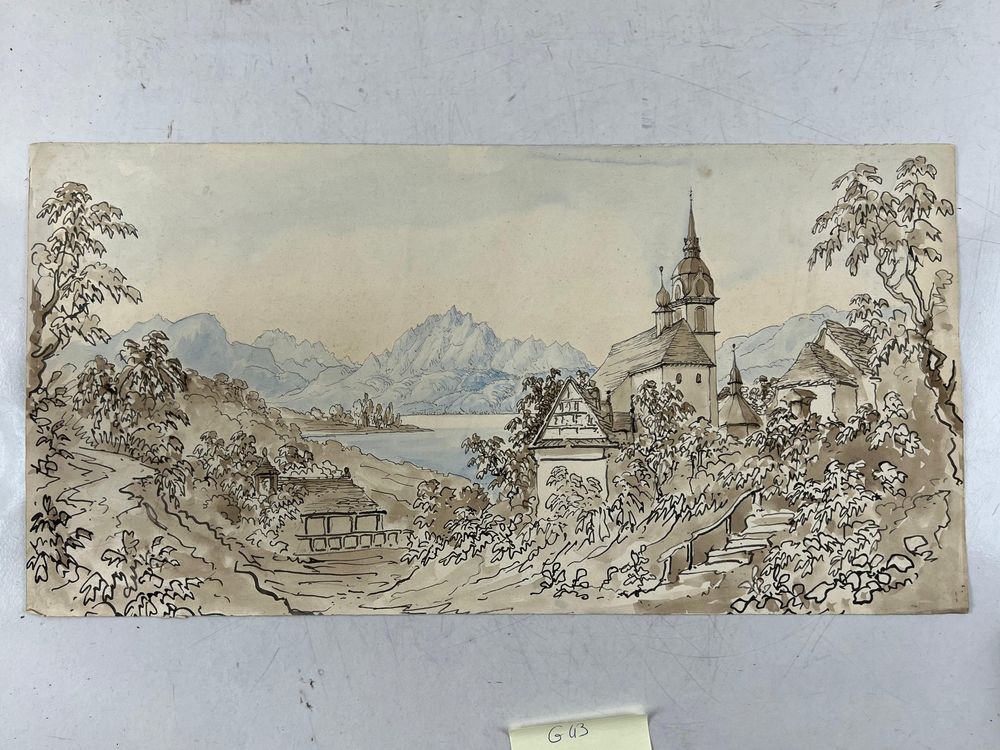 Antike Aquarell, Schweizer Landschaft, Kirche, See & Berge (Gebraucht) in Neuhausen am Rheinfall ...