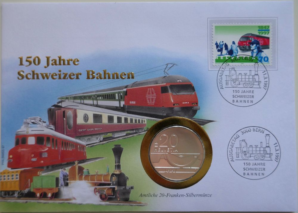 Numisbrief 150 Jahre Schweizer Bahnen 20 Franken Silbermünze (Gebraucht) in Möhlin für CHF 22 ...