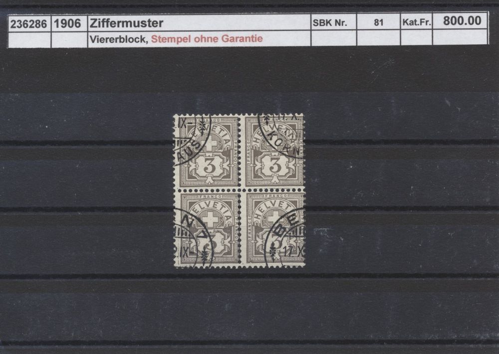 1906 Ziffermuster - 3 Rp., SBK Nr. 81, Viererblock (Gebraucht) in Winterthur für CHF 45 – mit ...