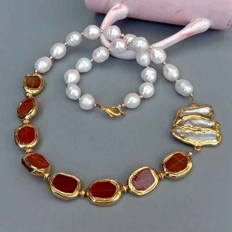 Karneol Perlen Kette Collier Perle Perlenkette Echt 15mm (Neuf (Voir ...