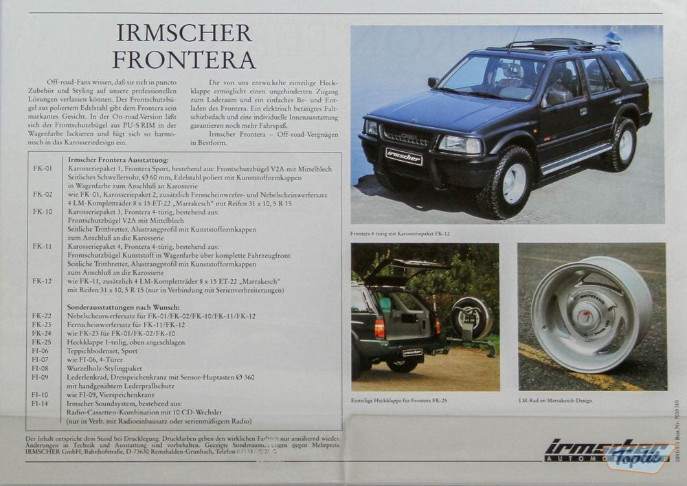 ORIGINAL NEUWAGEN FLYER - IRMSCHER - OPEL FRONTERA - 1993 (Gebraucht ...