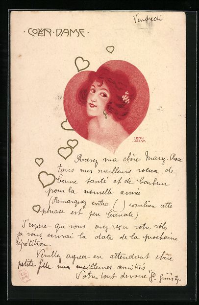 sign. Carl Jozsa: Hübsche Dame mit rote | Kaufen auf Ricardo