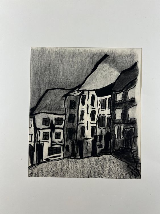 Kohlezeichnung Altstadt Häuserzeile signiert | Kaufen auf Ricardo