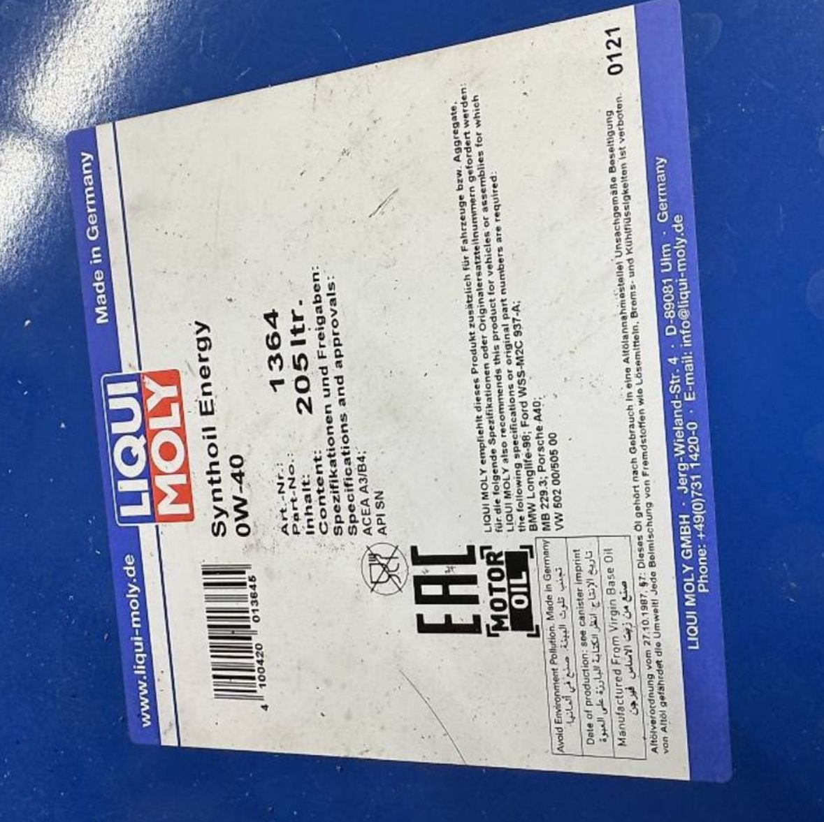 Motor Synthetic Oil Energy 0W-40 - Artikelnummer 1364 (205L) (Neu und ...