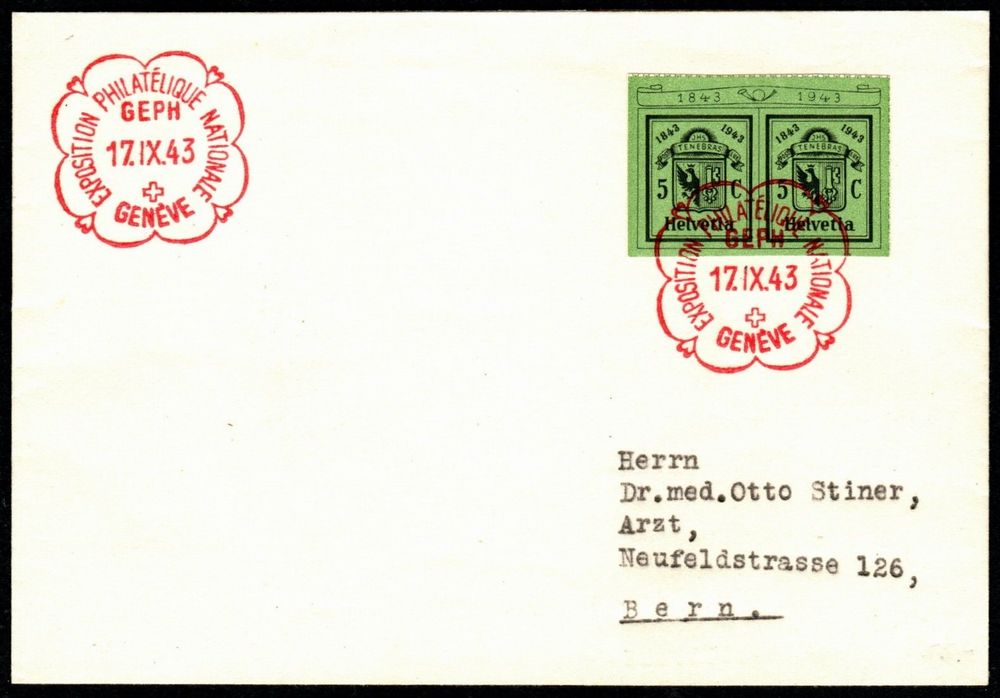 1943 FDC W17L + W17R Ausschnitt Genfer-Block GEPH SBK 250.- (Neu und originalverpackt) in Zürich ...