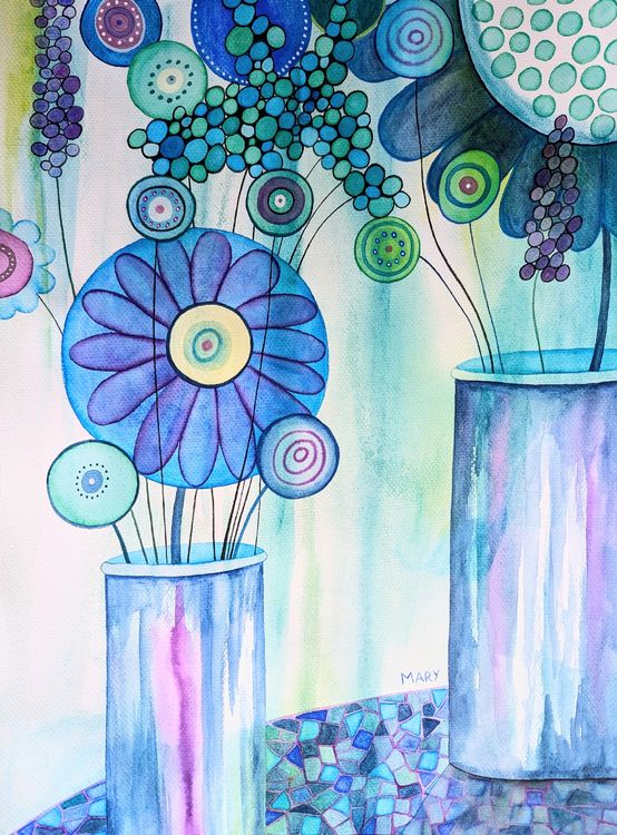 Original Aquarell Fantasie Blumen in Blumenvasen Bild (Neu und originalverpackt) in Wittenbach ...