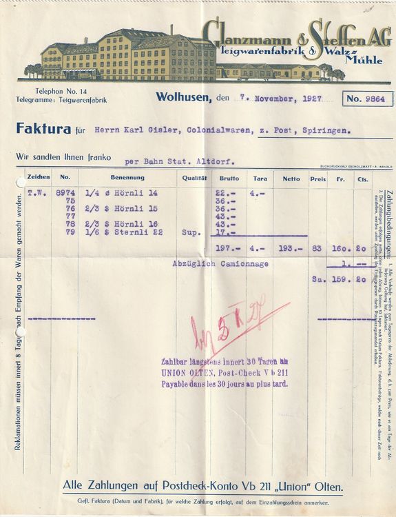 Rechnung Wolhusen 1927 Teigwarenfabrik Glanzmann (Gebraucht) in Rorschacherberg für CHF 6 – mit ...