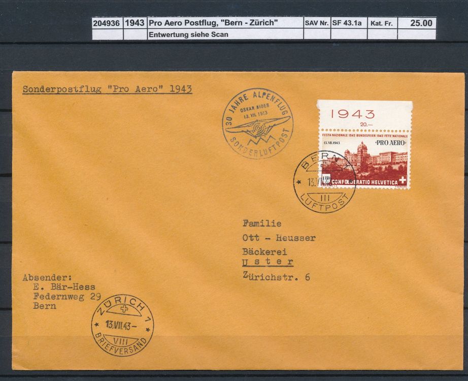 1943 Pro Aero Postflug, "Bern - Zürich" | Kaufen auf Ricardo