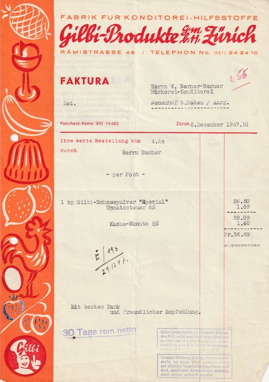 Brief Briefkopf Rechnung Gilbi Produkte Zürich 1947 (Gebraucht) in ...