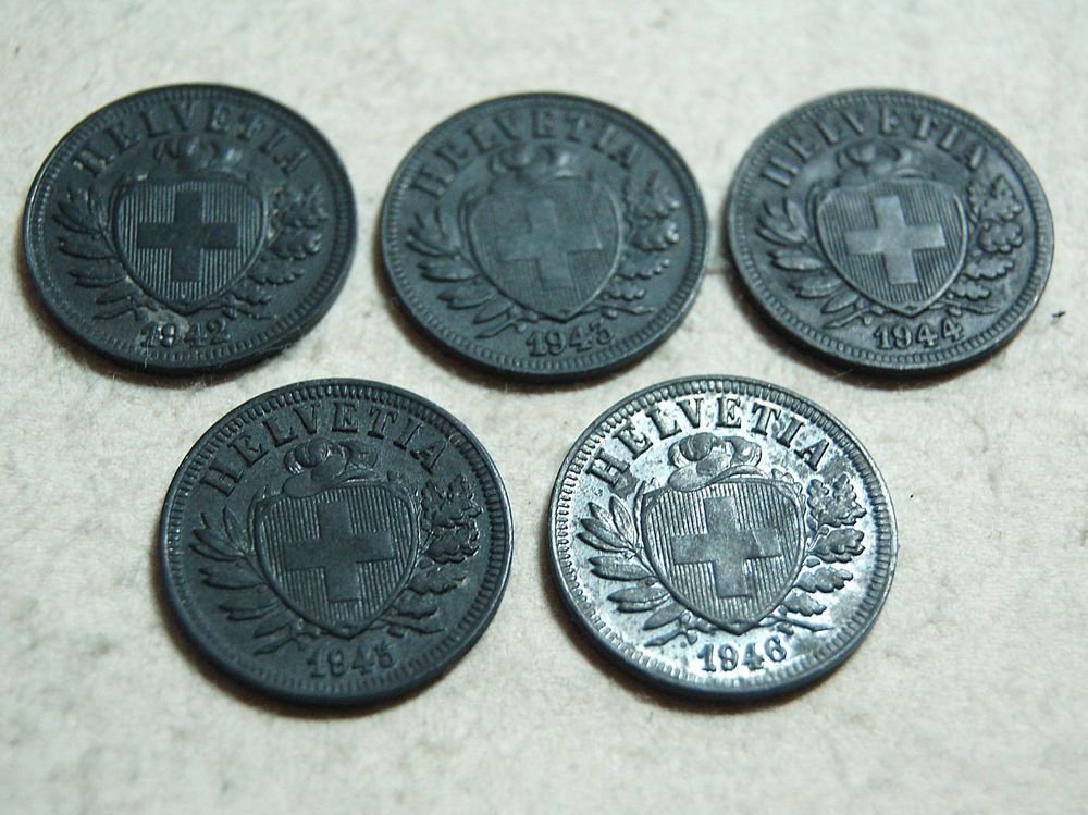 5 x 2 Rappen Zink (komplette Serie) 1942 - 1946 (Gebraucht) in Solothurn für CHF 23 – mit ...