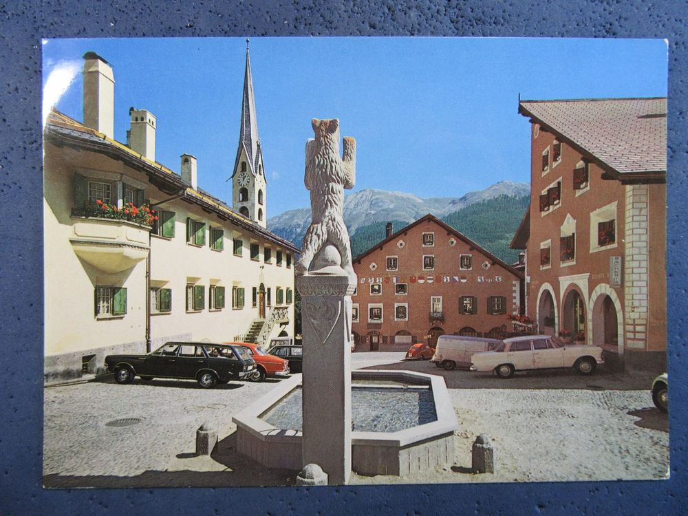 AK GR ZUOZ DORFPLATZ KIRCHE OLDTIMER-AUTOS BRUNNEN (Gebraucht) in Ettingen für CHF 1.95 – mit ...