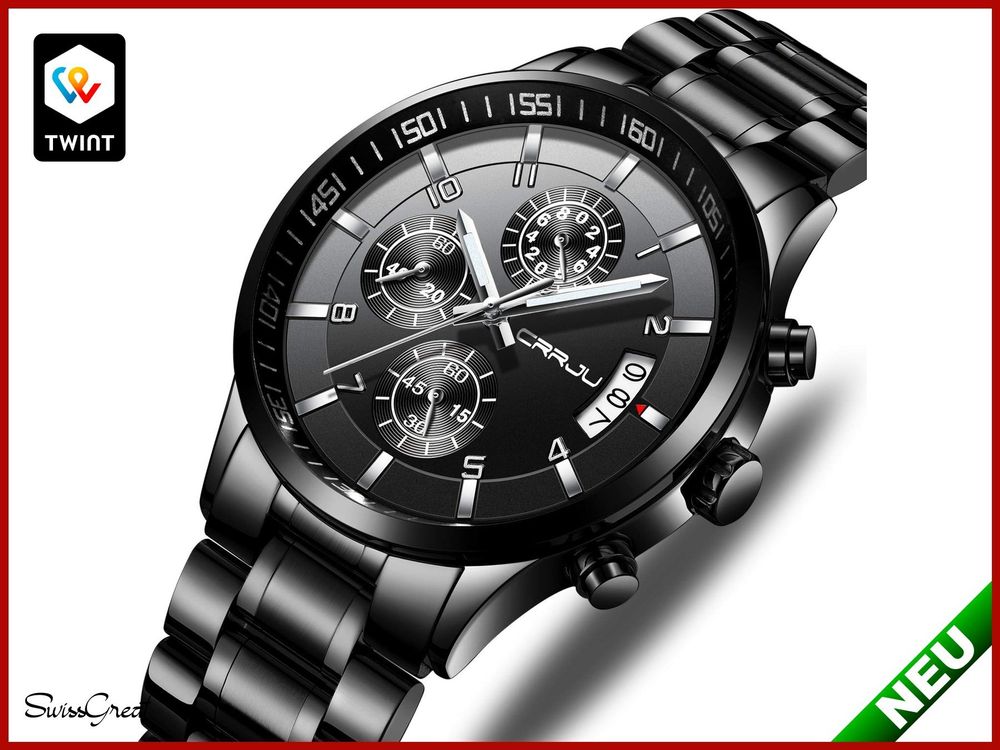 Herren Chronograph Uhr Edelstahl schwarz (Neu und originalverpackt) in Develier für CHF 69.5 ...