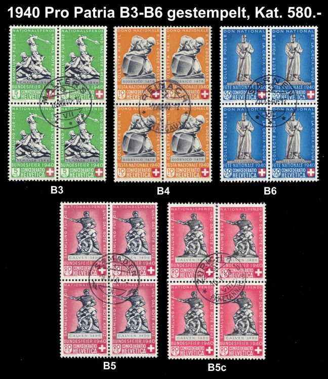 1940 4er Pro Patria B3-B6 mit B5c gestempelt, Kat. Fr. 580.- (Gebraucht) in Eskisehir/Türkei für ...