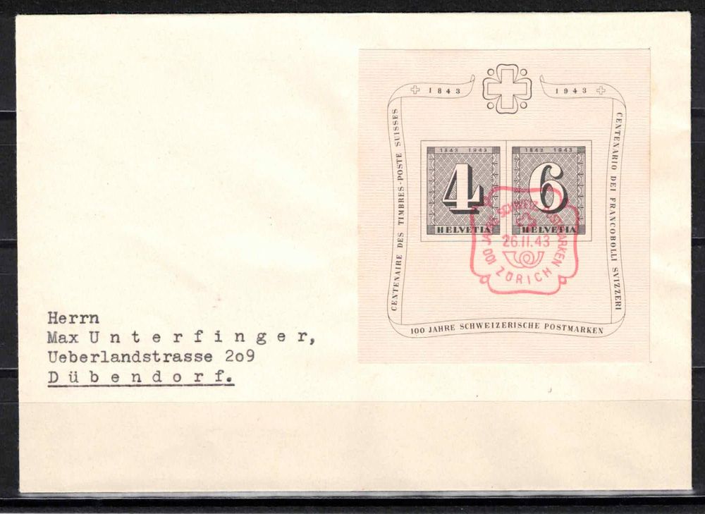 1943, Zürich Block W14 auf FDC, Kat. 300.- (Neu (gemäss Beschreibung)) in Nuglar für CHF 28 ...