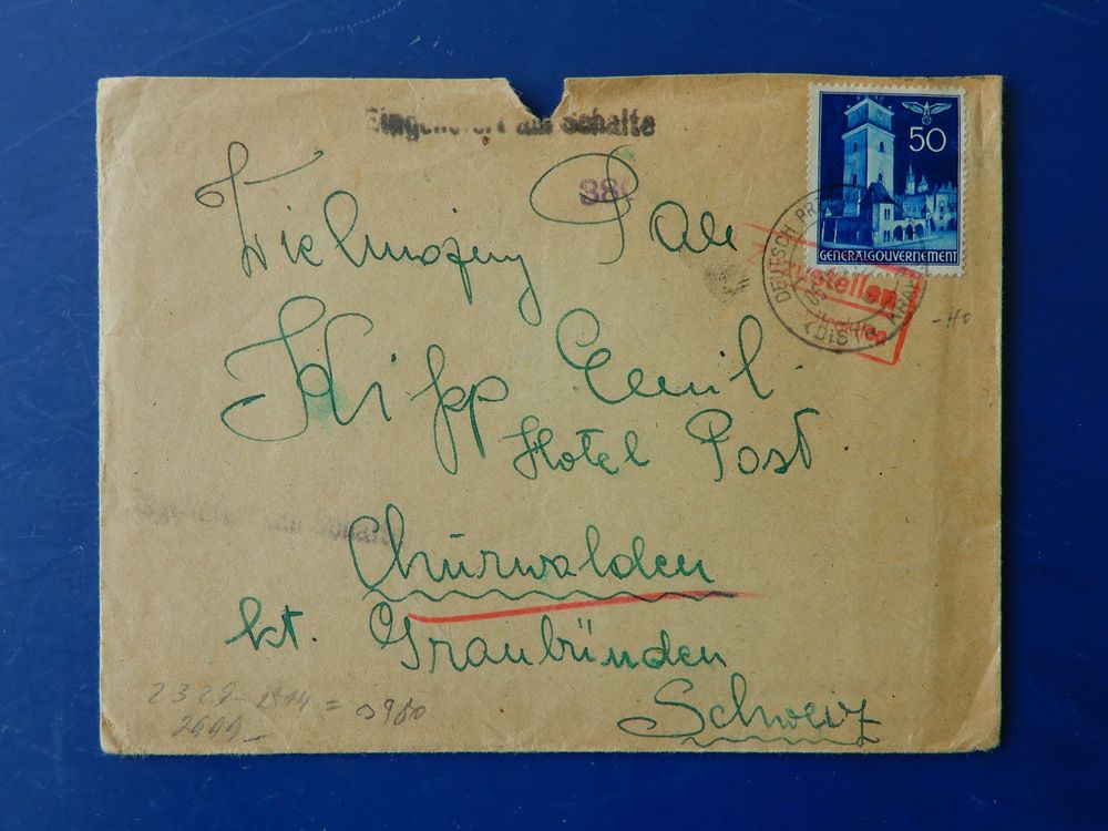 1941, Zensurbrief Deutsches Protektorat Krakau-Churwalden (Gebraucht) in Emmenbrücke für CHF 7 ...