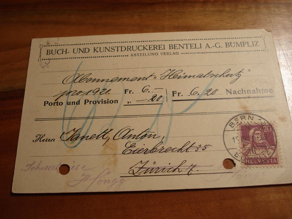 NN-Karte 1921, Druckerei Benteli, Bümpliz, o Bern Bümpliz (D'occasion ...