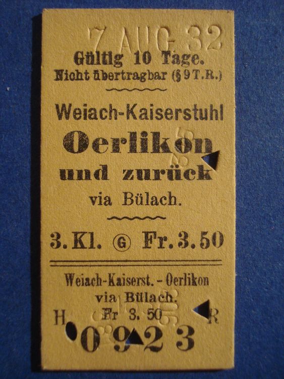 SBB - 7.8.1932 - WEIACH-KAISERSTUHL - OERLIKON - 3.Klasse (Gebraucht) in Biel/Bienne für CHF 22 ...
