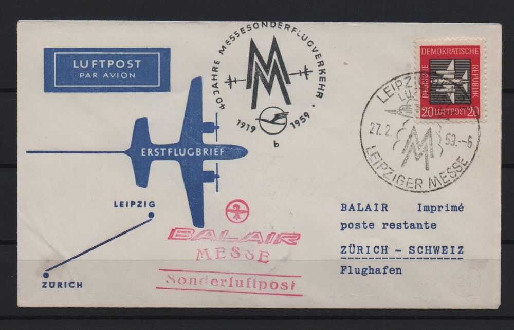 Historischer Erstflugbrief Leipzig-Zürich, 1959 (Gebraucht) in Ebikon für CHF 7 – mit Lieferung ...