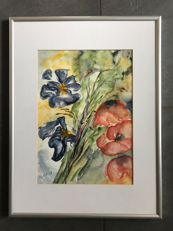 AQUARELL BLUMENBILD MOHNBLUME SIGNIERT BOBST 07 GERAHMT | Kaufen auf Ricardo