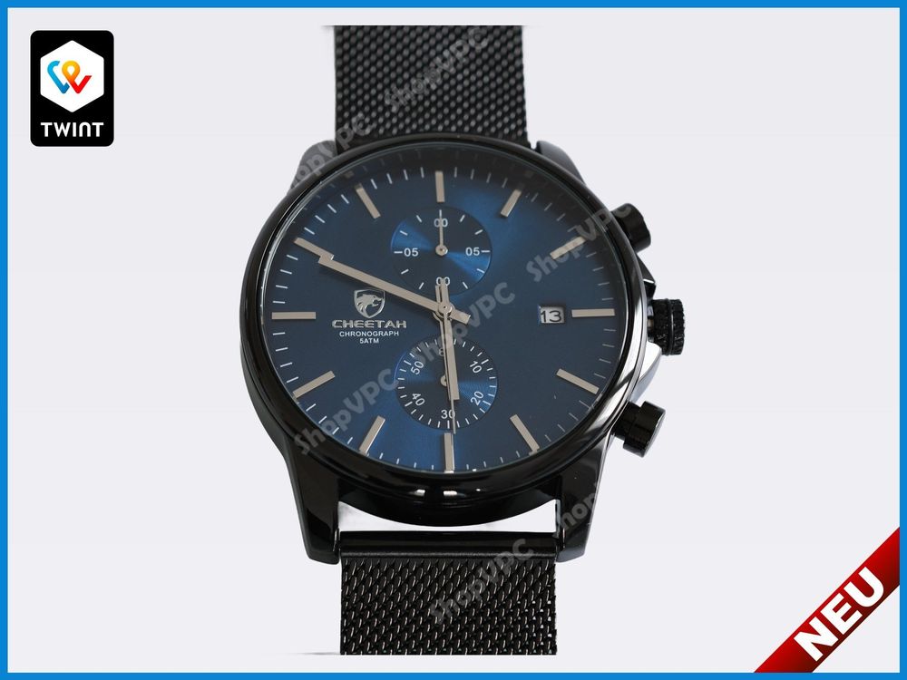 Herrenuhr Chronograph sportlich blau Edelstahl schwarz 42mm | Kaufen auf Ricardo