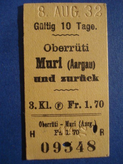 SBB - 8.8.1932 - OBERRÜTI - MURI (Argau) - 3.Klasse (Gebraucht) in Biel/Bienne für CHF 26 – mit ...