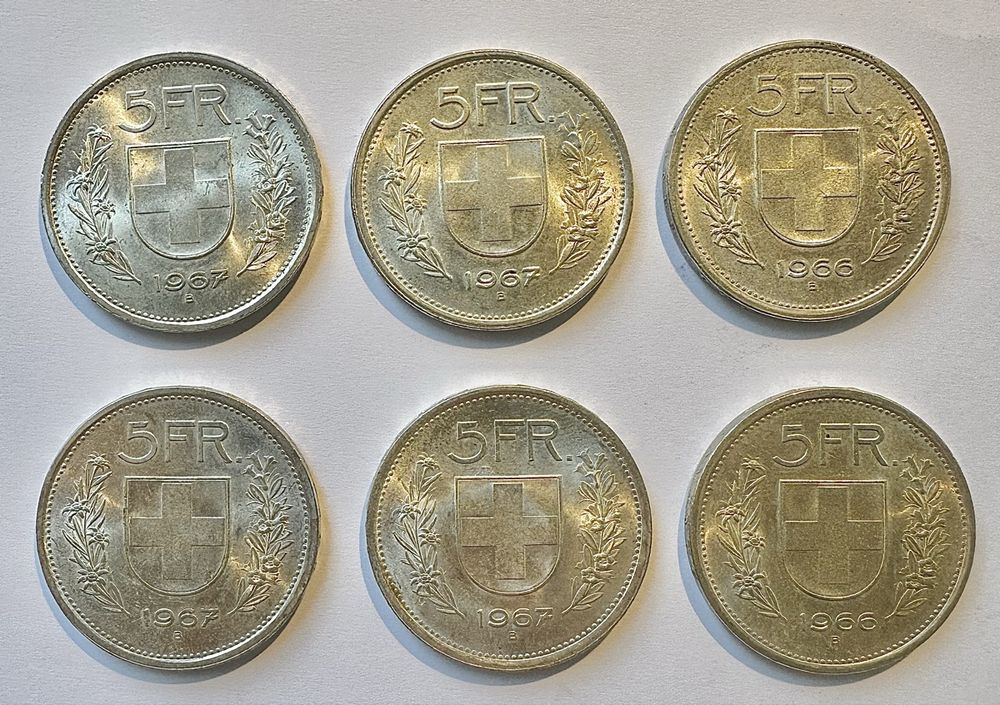 6x Silbermünzen 5 Fr. 1966/1967 Schweiz (Gebraucht) in St. Gallen für CHF 65 – mit Lieferung auf ...