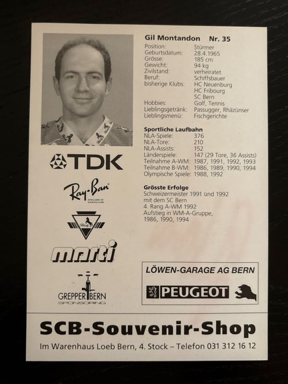 Gil Montandon SC Bern Autogrammkarte - Top Zustand! (Gebraucht) in ...