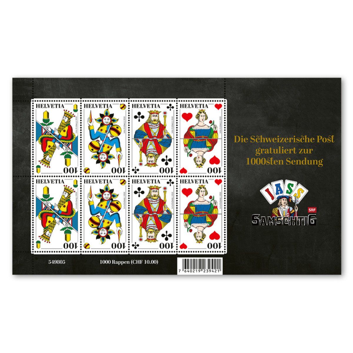 1000. Sendung Samschtig Jass 2025, Spezialbogen mit 8 Marken (Neu und originalverpackt) in St ...