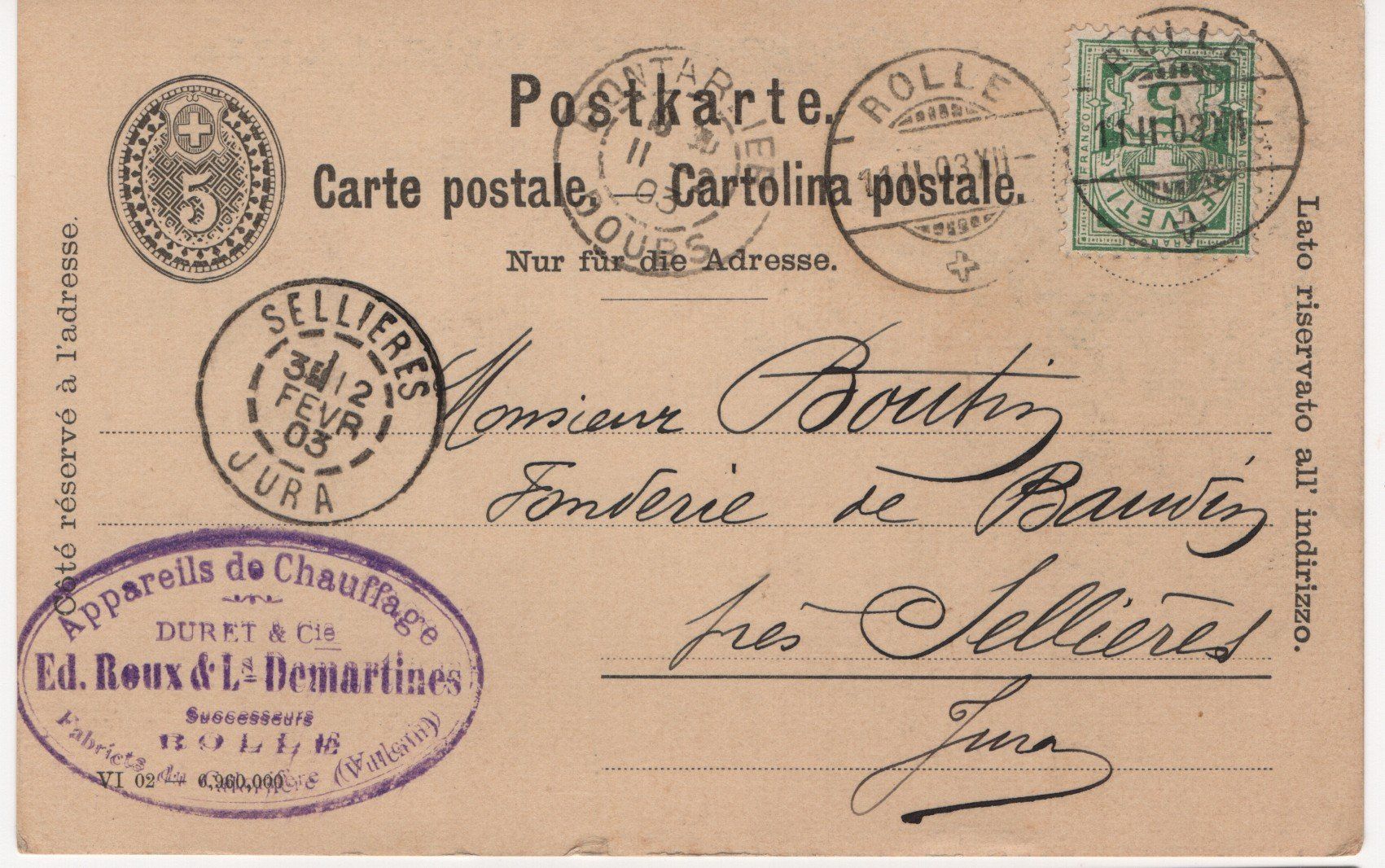 Suchard-Ganzsa mit Zusatzfr. 11.II.03 mit Nr. 65B sehr schön (Gebraucht) in Gordola für CHF 22 ...