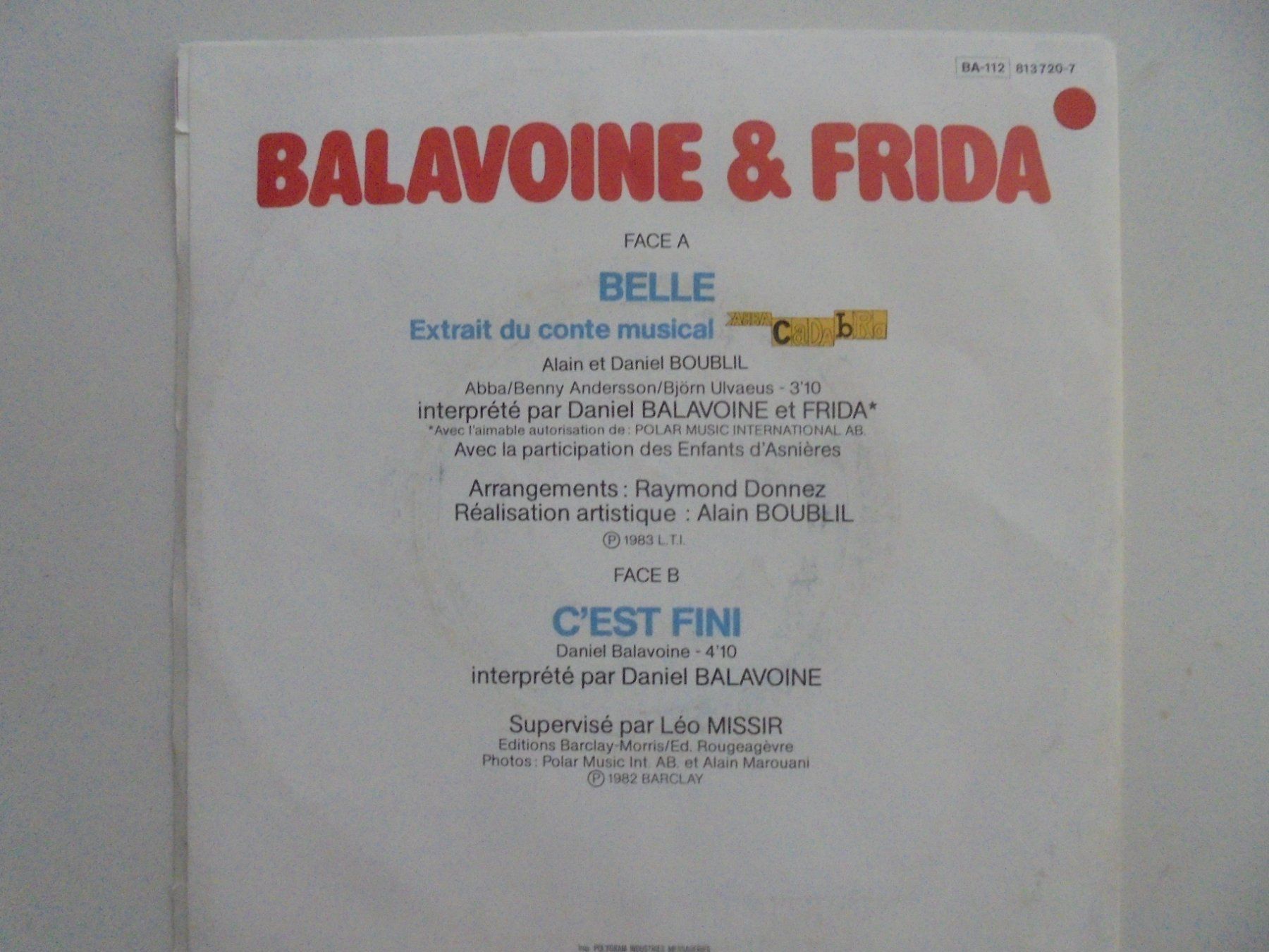 Daniel Balavoine + Frida ( de ABBA ) " Belle " France 1983 (D'occasion ...
