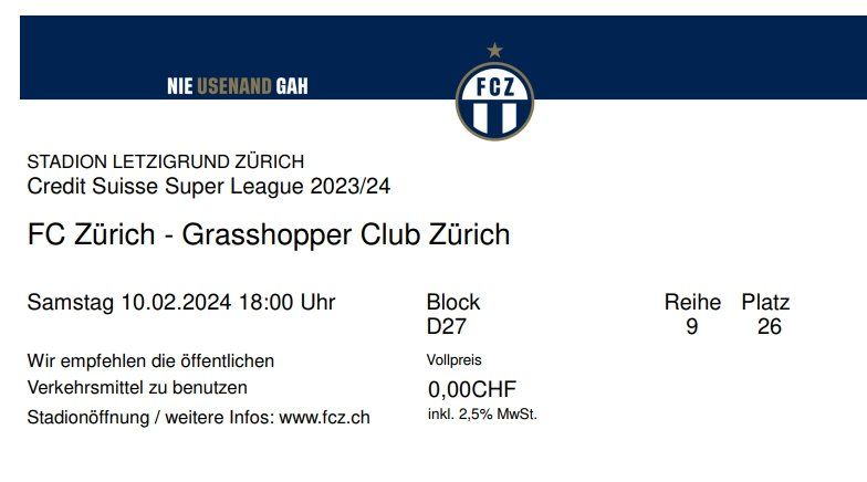 Ticket FCZ-GC 10. Februar 2024 (Sektor D27) | Kaufen auf Ricardo