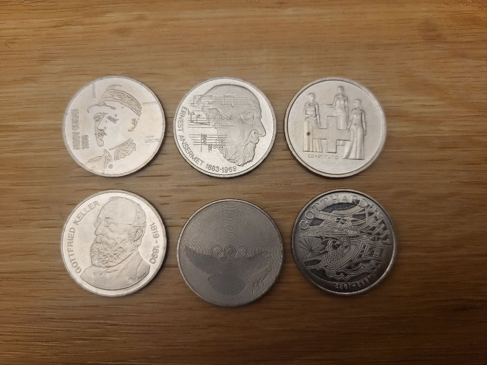 Sammlung 6 Stück 5 Franken Gedenkmünzen Schweiz 1974-1990 (Gebraucht) in Uetikon am See für CHF ...
