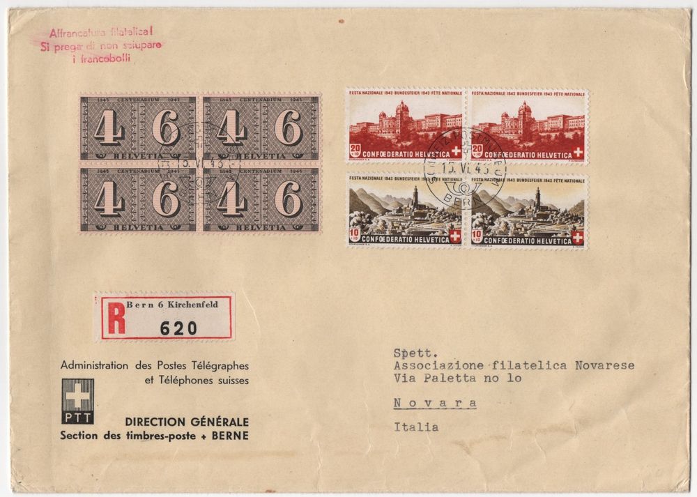 Pro Patria 1943 auf FDC per Einschreiben nach NOVARA (Gebraucht) in Eglisau für CHF 60 – mit ...