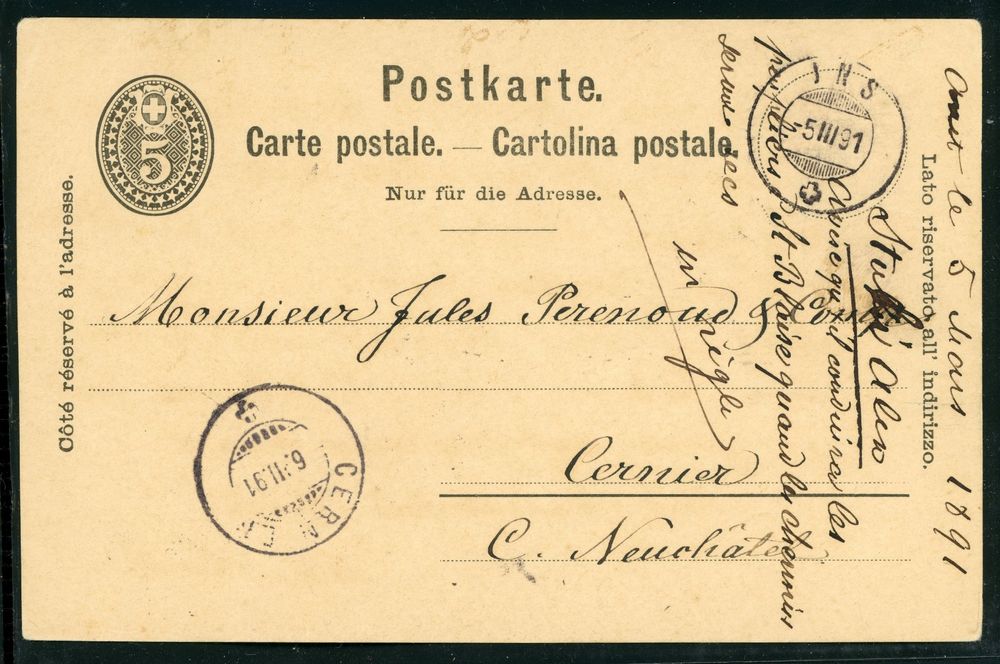 Postkarte: P18-T IV / Pk 017 , gel. Ins - Cernier, 1891 (Gebraucht) in ...