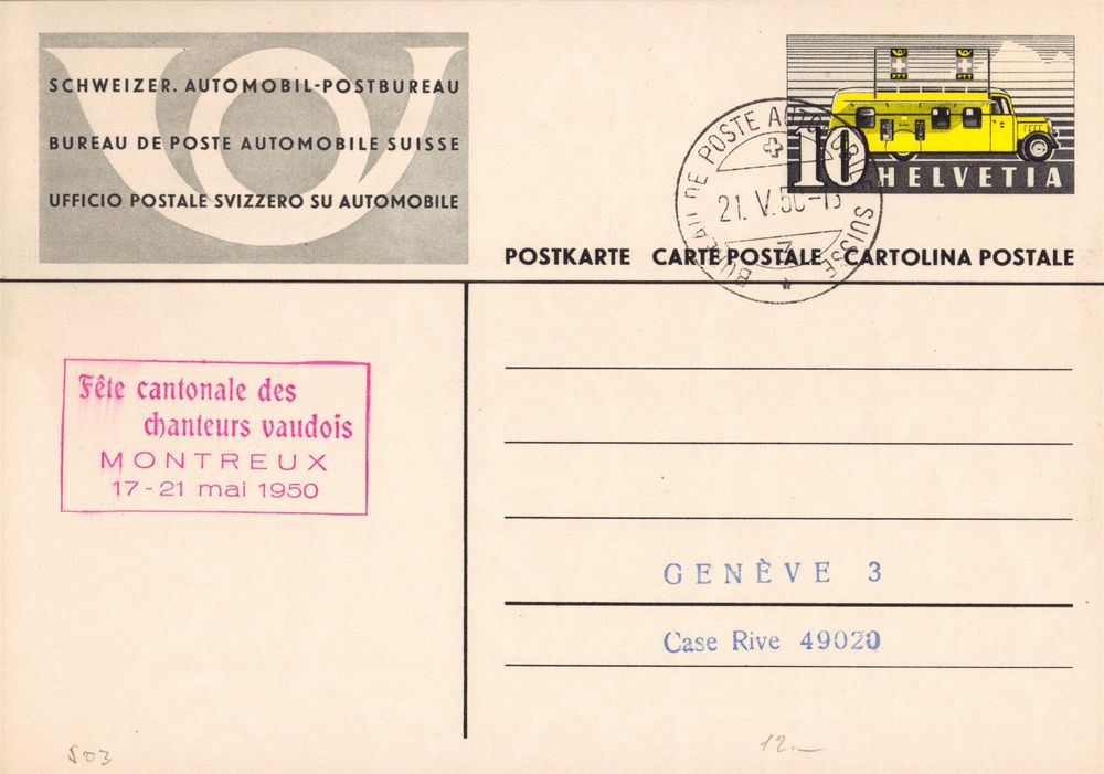 1950 Postkarte Montreux Fête cant. des chanteurs (Postauto) (Gebraucht) in Eggersriet für CHF 1. ...