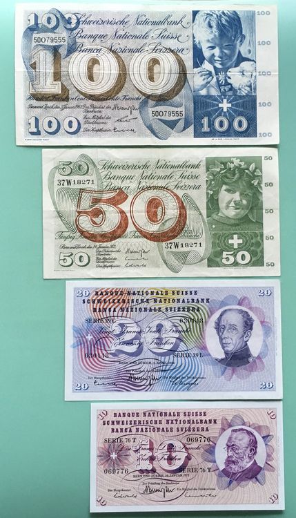 Schweizer Banknoten 100, 50, 20, 10 Fr. 2x s. 2x neu, ungef. (Gebraucht ...