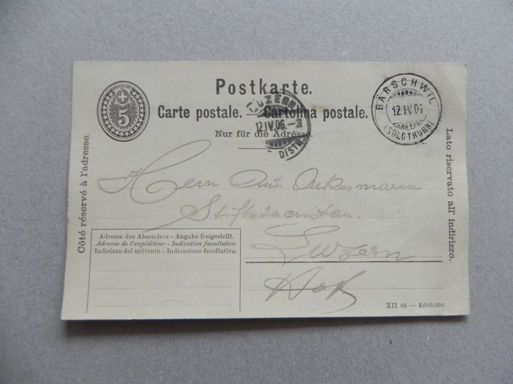 Bärschwil Solothurn SO Post Stempel 1906 (Gebraucht) in Siebnen für CHF ...