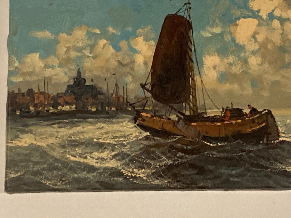 Landschaftsgemälde signiert mit Segelschiffen auf See, Hafen | Kaufen auf Ricardo