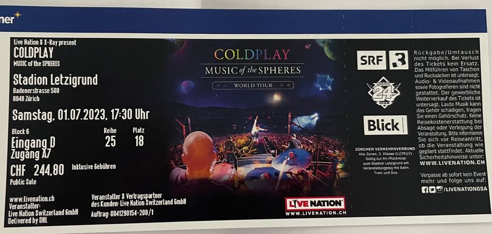 Sitzplatz Coldplay, 01.07.2023 (Neu und originalverpackt) in Egliswil für CHF 279 – mit ...