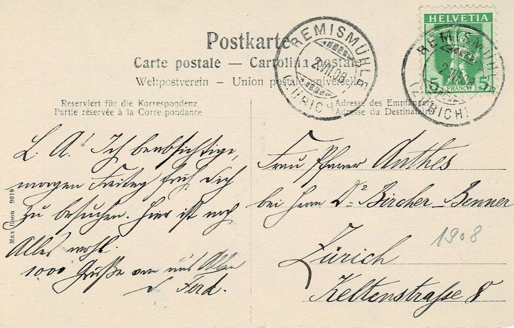 Gruss aus REMISMÜHLE ZH sehr schöne Zweibildkarte gel. 1908! (Gebraucht ...
