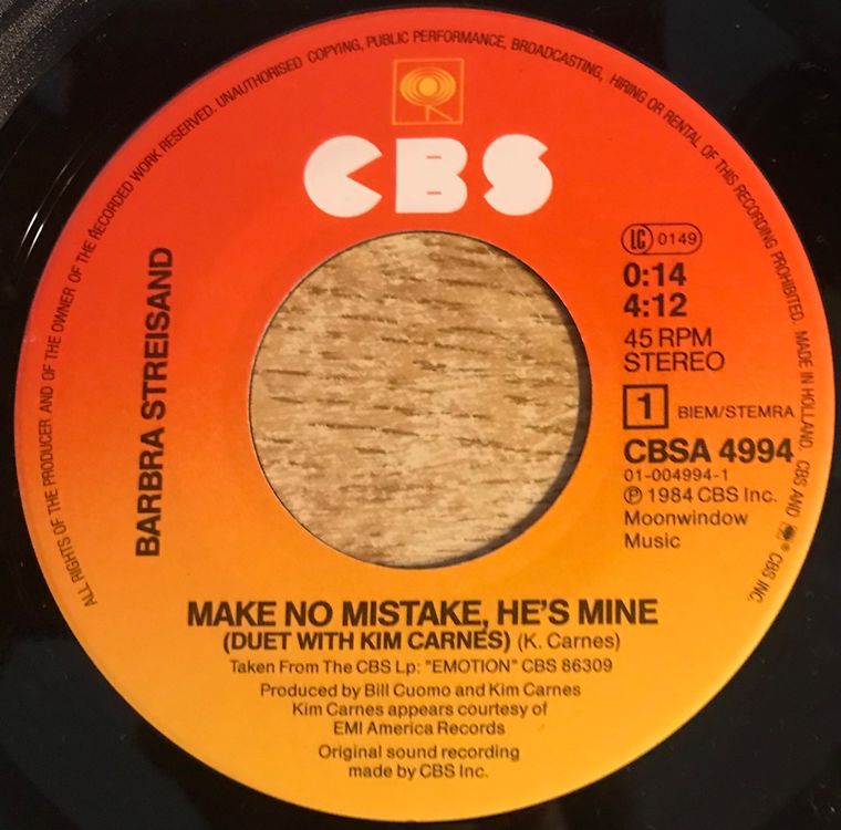 BARBRA STREISAND / KIM CARNES - MAKE NO MISTAKE, HE'S MINE (Gebraucht ...